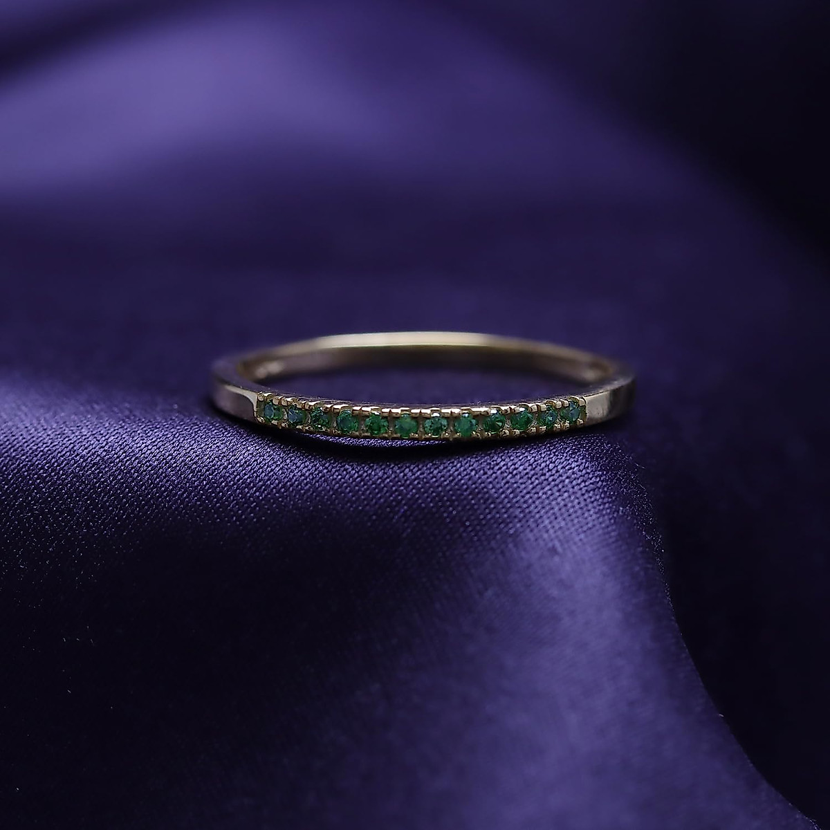 AFFY Round Cut Simulated Green Emerald Stackable Anniversary Wedding Band Ring In 14K Yellow Gold Plated 925 Sterling Silver Ring For Women Ring Size-8.5