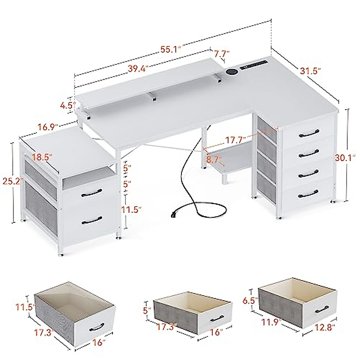 KKL Home Office Desk with File Drawer & 3 Power Outlets &2 USB Ports, 55'' L Shaped Desk with Storage Shelves, Printer Cabinet and Monitor Shelf, Computer Table Executive Desk Workstation, White