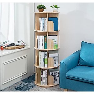 Rotating Bookshelf 360 Display 4 Tier Floor Standing Bookcase Storage Rack for Kids&Adults Solid Wood Bookshelf Organizer