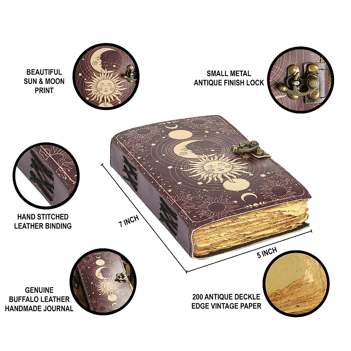 Sun & Moon Vintage Leather Journal for Men & Women 200 Pages of Antique Handmade Deckle Edge Vintage Paper, Leather Sketchbook, Drawing Journal, Printed leather Journal, Great Gift (7 x 5 Inch)