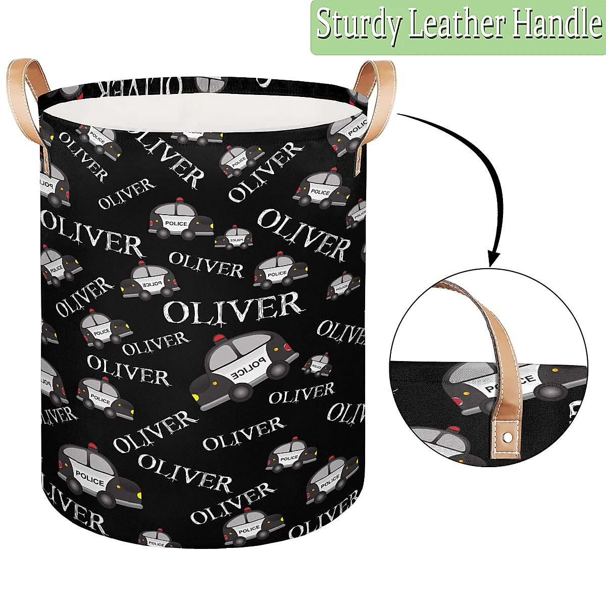Personalized Laundry Basket, Custom Gift Laundry Hamper for Boy, Collapsible Waterproof Laundry Baskets, Dirty Clothes Toy Hamper for Kids Police Car Black