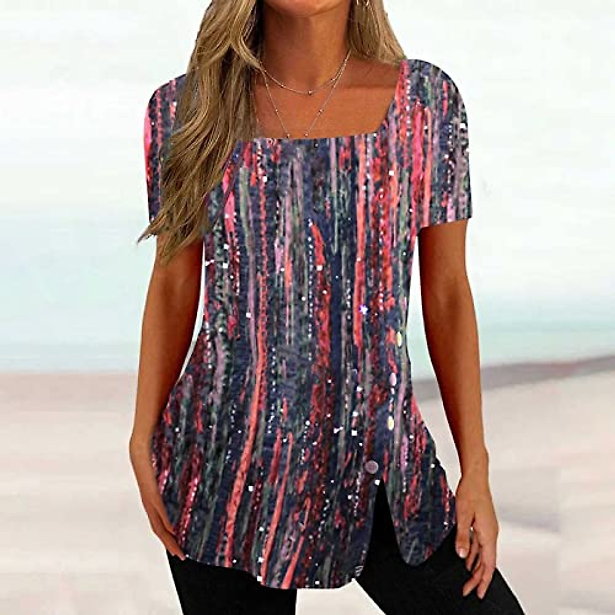 SMIDOW Womens Tunic Tops to Wear with Leggings 2023 Trendy Summer Short Sleeve Square Bohemian Shirts Long t-Shirt with Slit