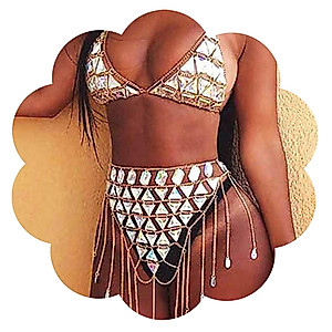 Yovic Boho Body Chain Sexy Rhinestone Waist Chain Bikini Crystal Bra Chian Rave Nightclub Party Body Accessories for Women and Girls（One Set）(Gold-3)