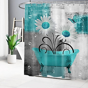 LB Rustic Teal Floral Shower Curtain for Bathroom, Country Daisy Flower and Butterfly Fabric Shower Curtain with Hooks, Geometric Grey and White Bathroom Curtain Shower Set, 72" W x 78" L