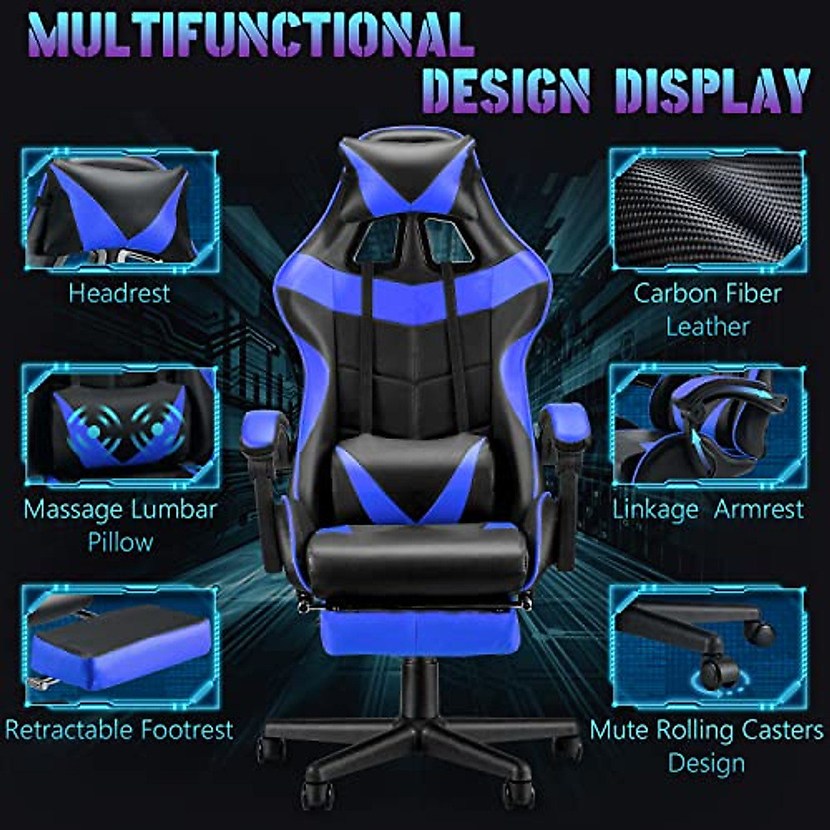 Soontrans Blue Gaming Chair with Footrest,Gaming Computer Chair, Office Gaming Chair Ergonomic Gamer Chair with Height Adjustment,Headrest and Lumbar Support Gamer Chair(Storm Blue)