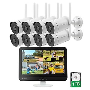 Kittyhok 2K All-in-one Wireless Security Camera System with 12'' Monitor, 8pcs WiFi Security Cameras for Home Security, 1TB HDD, 2-Way Audio, Remote Access, Motion Detection, Waterproof, Night Vision