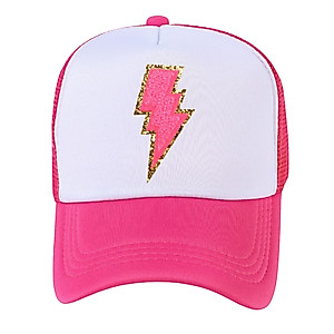 Lightning Bolt Hat Glitter Lightning Trucker Hats Women Cute Trendy Snapback Preppy Hat 80s Retro Foam Mesh Baseball Cap Hot Pink