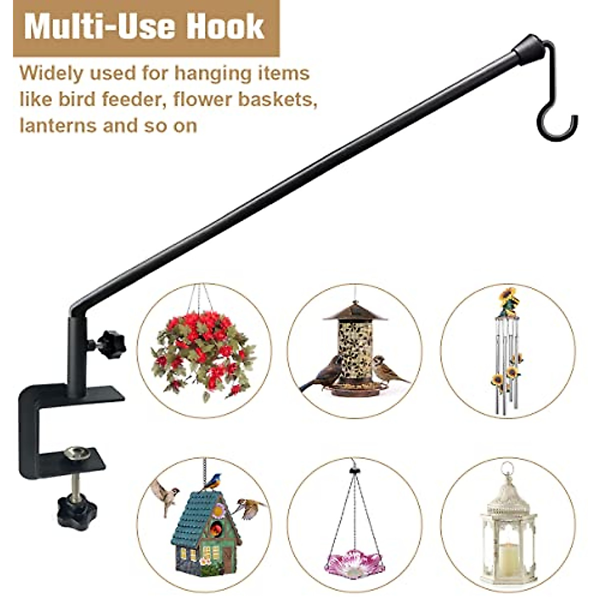 Tuohours 38 Inch Extended Reach Deck Hook Hanger for Railing, Heavy Duty Outdoor Plant Hook Holder for Hanging Bird Feeder Flower Basket Planter or Lanterns, 1 Pack