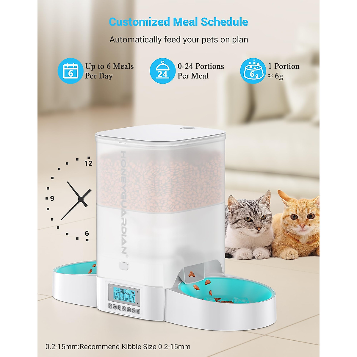 HoneyGuaridan Automatic Cat Feeder for Two Cats,3.5L Cat Food Dispenser with Slow Feeder Bowl,Timed Cat Feeder Programmable 1-6 Meals Control, Dual Power Supply,10s Meal Call White