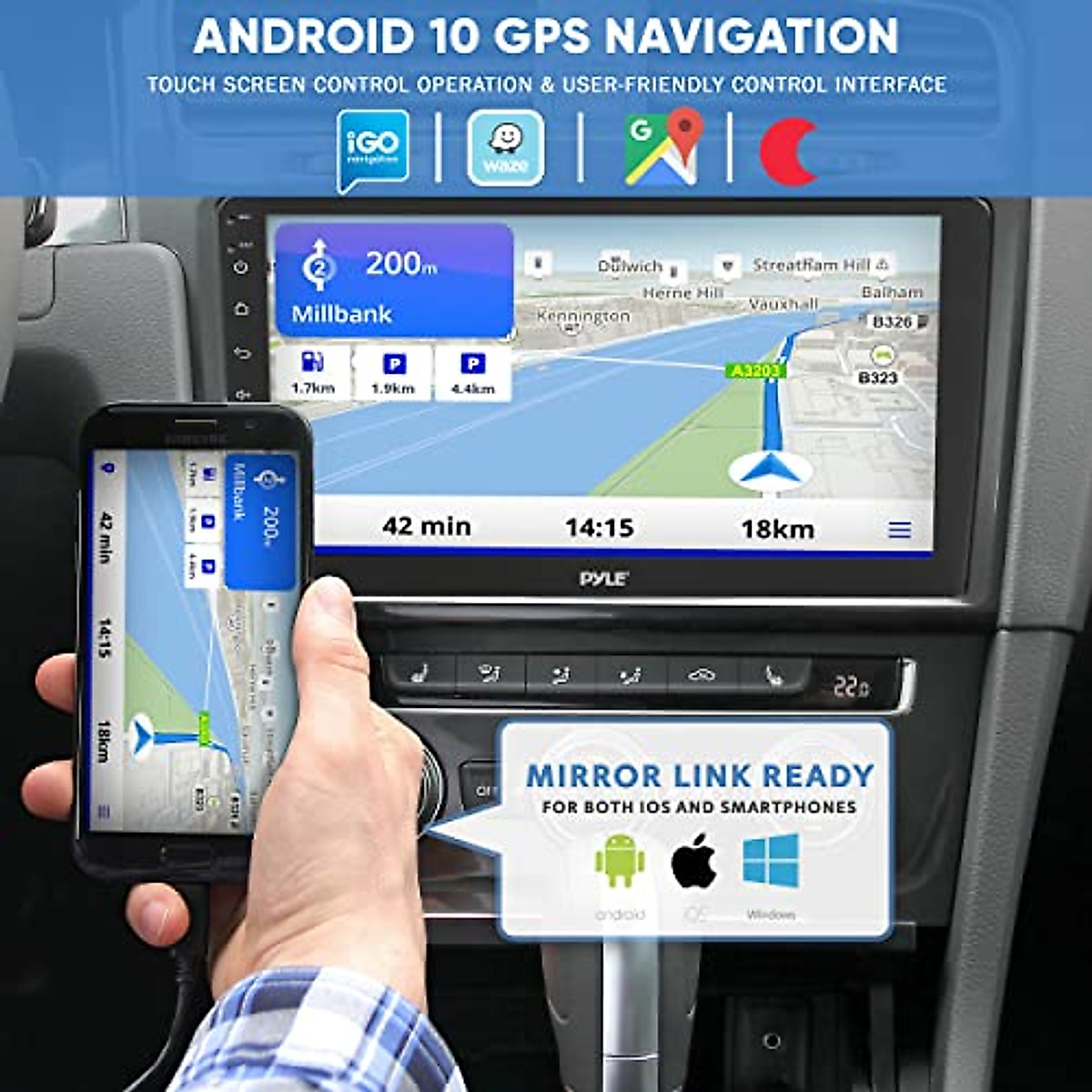 PyleUsa Single DIN Car Stereo Receiver-10'' 1080P HD Touch Screen Bluetooth Car Radio Audio Receiver Multimedia Player - WiFi/GPS/AM/FM, Mirror Link for Android/iOS, Front/Rear DVR Camera, Dual USB