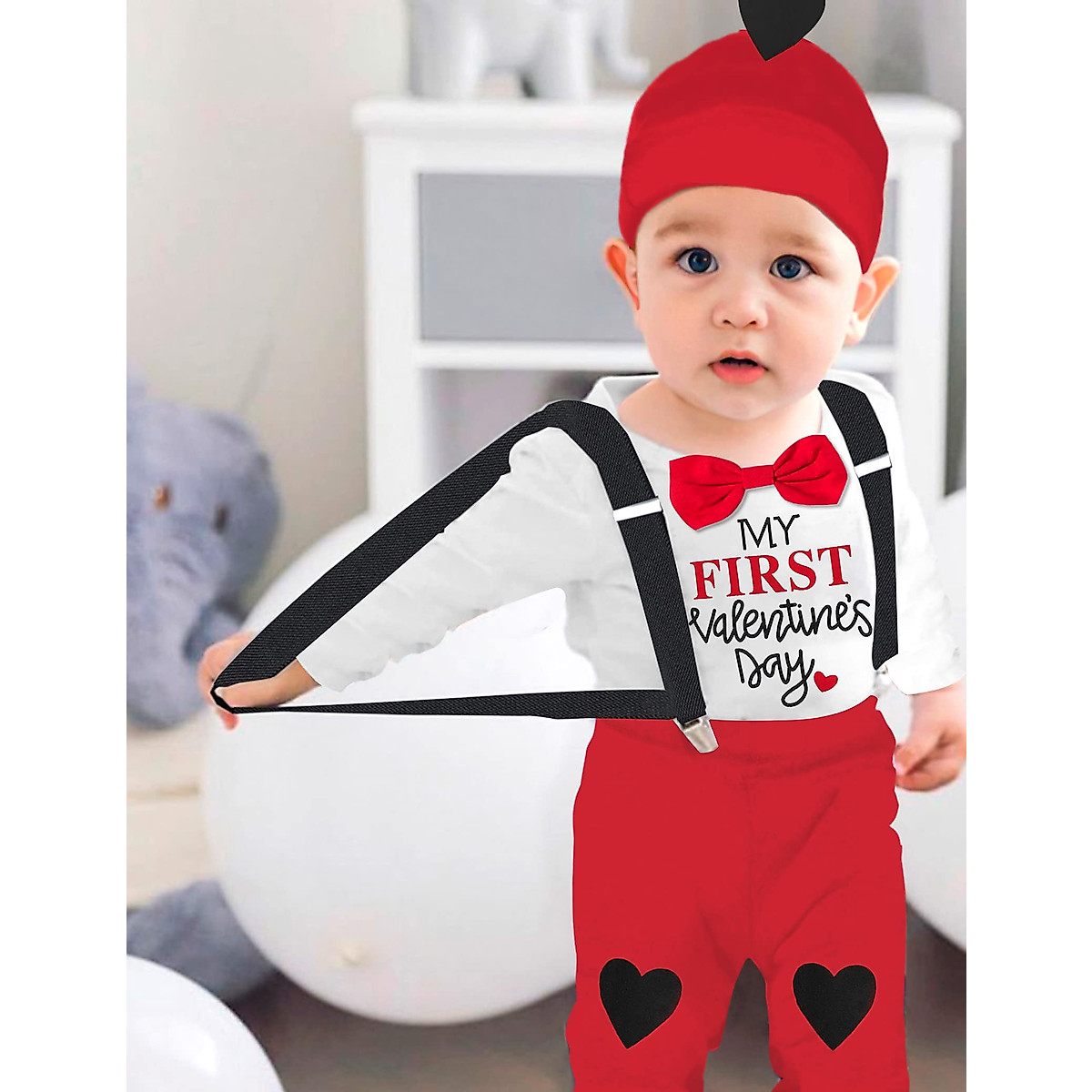 Baby Boy Valentines Day Outfit, Cute Letter Printed Long Sleeve Romper with Bow Tie + Pants + Hat 3Pcs Set