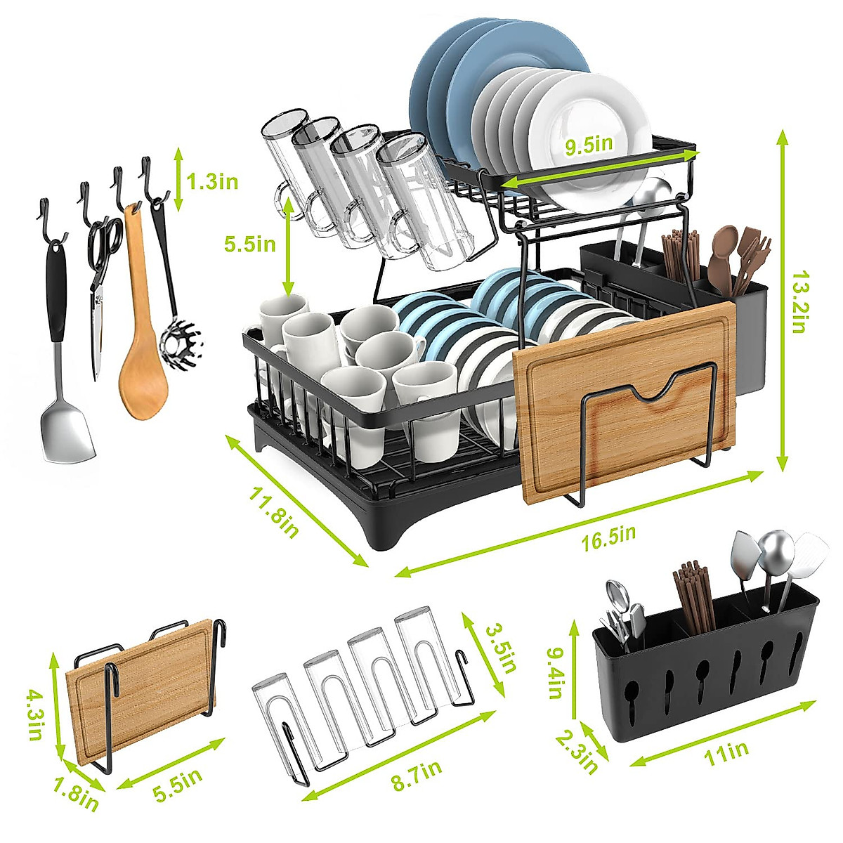 vikiciy Dish Rack Dish Drying Rack Dish Racks for Kitchen Counter, Drying Rack for Kitchen Counter 2 Tier Dish Rack with Auto-draining Tray for Kitchen with Utensil Holder, Cutting Board Holder
