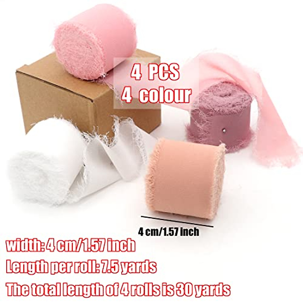 YAKA 4 Rolls Handmade Fringe Chiffon Silk Ribbon Mixed Color Gauze 1.5" x 7.5Yd Ribbons Set for Wedding Invitations, Bridal Bouquets, Gifts Wrapping, DIY Crafts Gifts Wrapping & Bow Making
