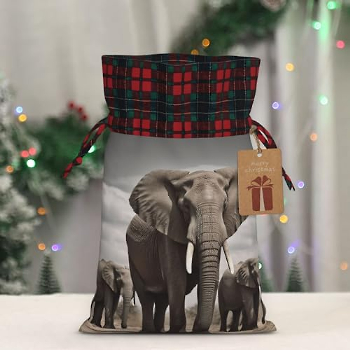 Christmas Gift Bags with Drawstring Burlap Gift Bags African Elephant Christmas Linen Bags for Xmas Party Candy Bags with Cards Xmas Reusable Wrapping Bags Christmas Linen Treat Bags for Holiday