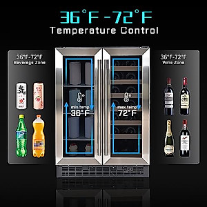 BHTOP Wine Fridge, 24" Beverage Refrigerator, Dual Zone Beverage Fridge Cooler, Holds 27 Bottles and 60 Cans, Stainless Steel French Door Digital Temperature Control, Key Lock Quiet Operation