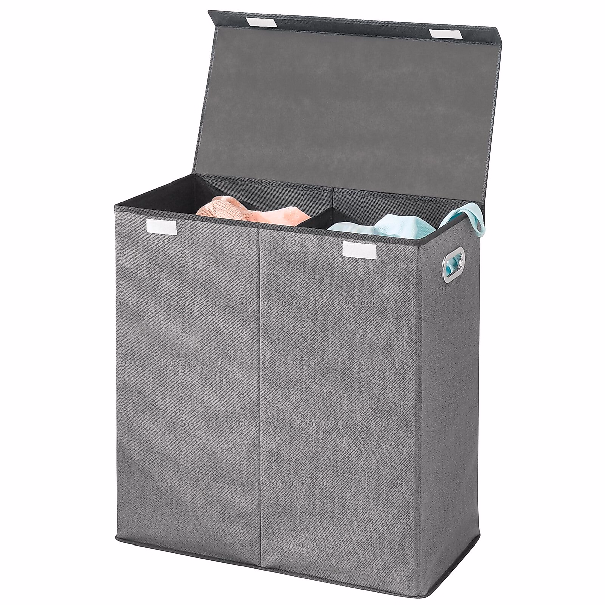 mDesign Extra Large Divided Laundry Hamper Basket with Removable Lid, Built-in Handles - Portable and Foldable for Compact Storage - Textured Print with Solid Trim, Chrome Handles - Charcoal/Black