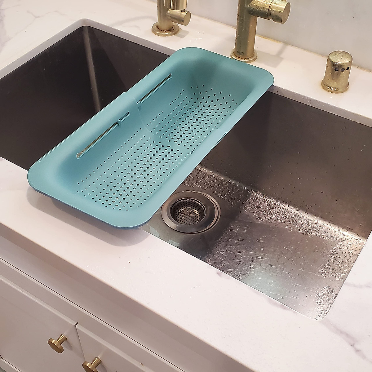 Makerstep Over the Sink Colander Strainer Basket - Expandable, Wash, Drain, and Dry. - New Home Kitchen Essentials, Multifunctional Kitchen Gadgets, Green