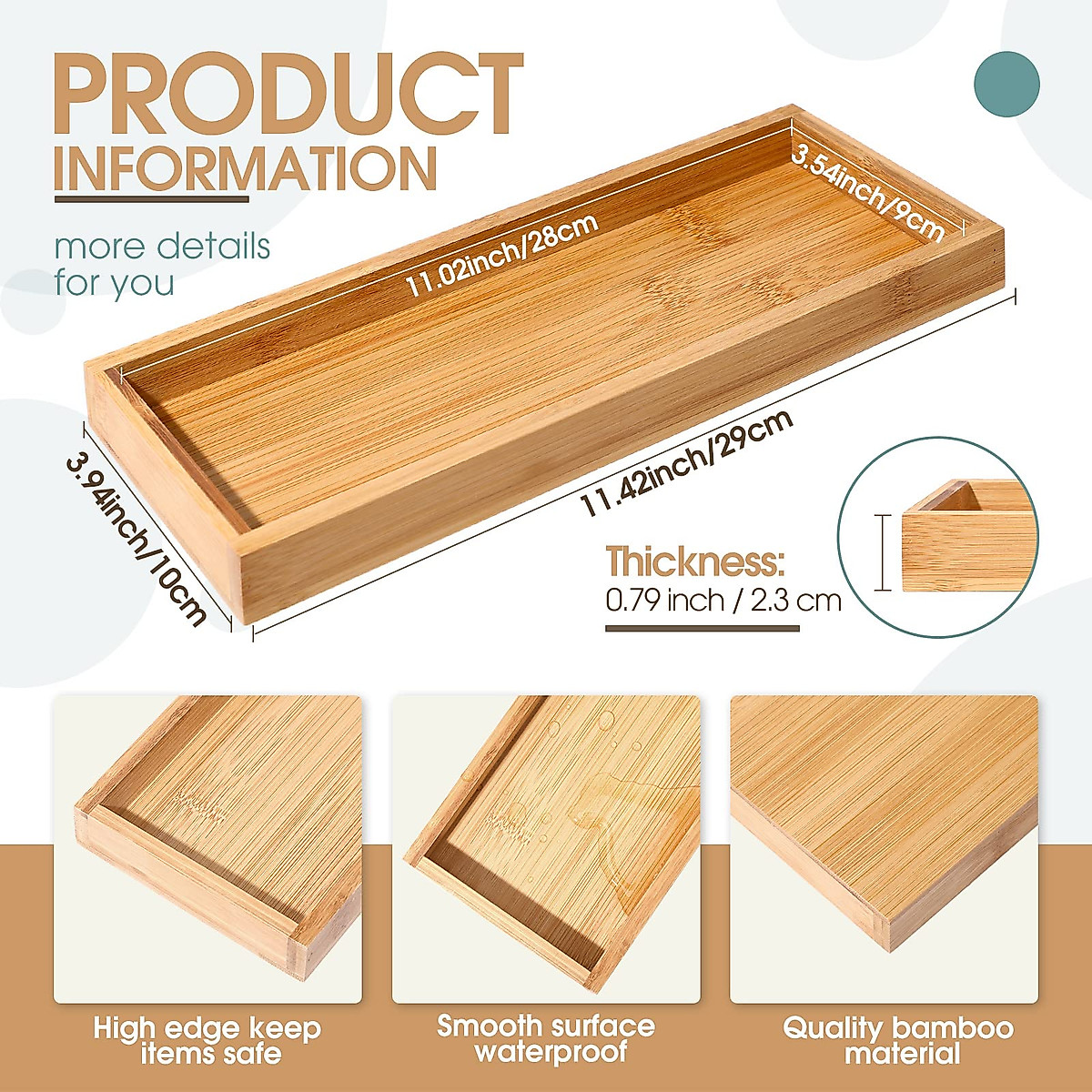 Bamboo Tea Serving Tray 3 Pcs Decorative Multi Use Bathroom Counter Tray with Edges Bamboo Vanity Tray for Dresser Counter Food Coffee Tea Snack Tissues Candles, 11 x 4 Inch