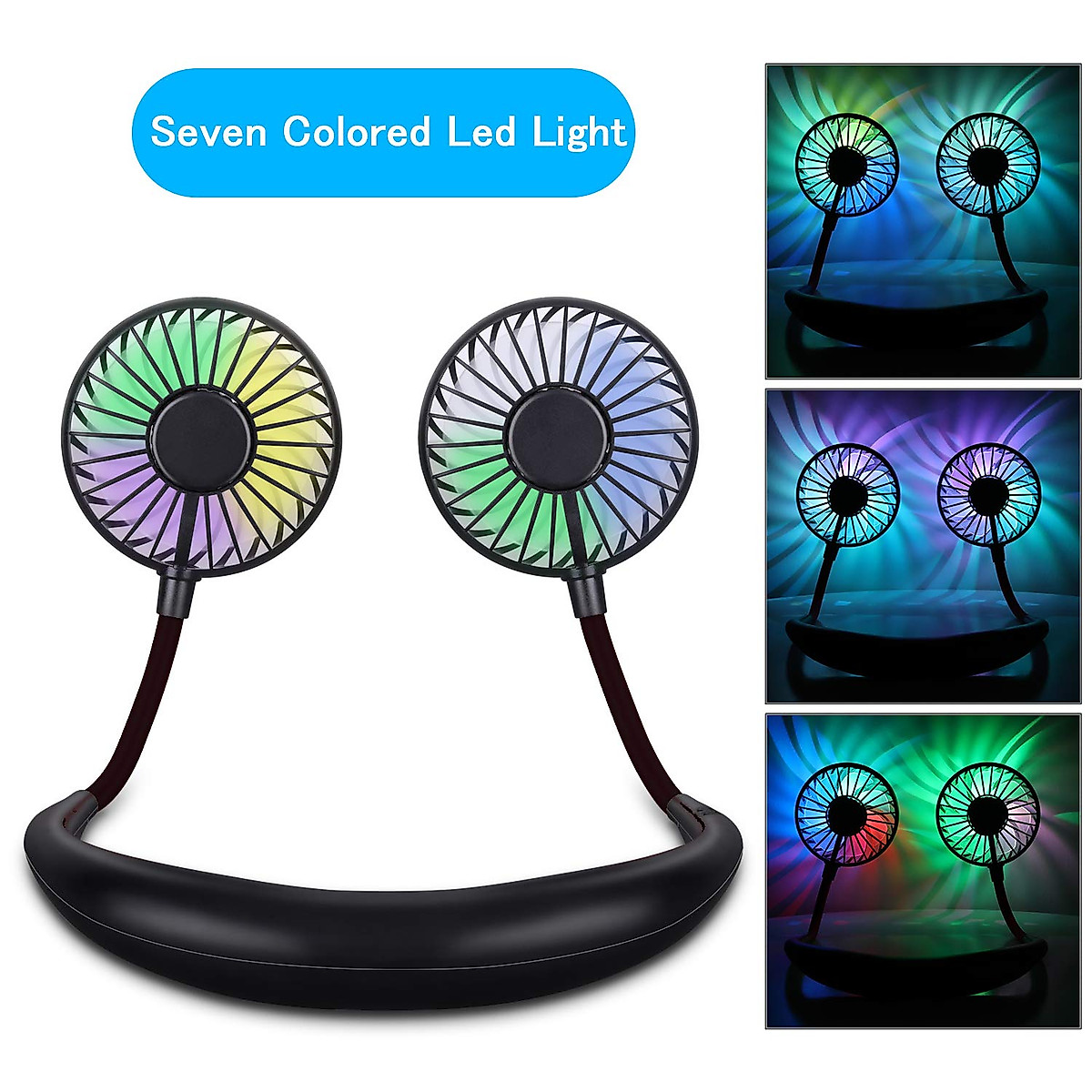 XINBAOHONG Neck Fan, Portable USB Rechargeable LED Fan Headphone Design Hand Free Personal Fan Wearable Cooler Fan with Dual Wind Head for Traveling Outdoor Office (black)