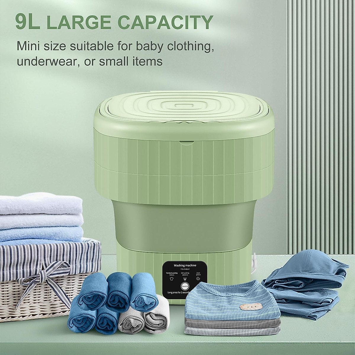 Portable Washing Machine,Mini Washing Machine,9L Large Capacity, with Drainage Basket,for Baby Clothes,Underwear or Small Items,Convenient and clean,Folding Deign, for Apartment or Travel,Green