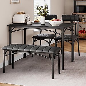 GAOMON Dining Table Set for 4, Kitchen Table with Upholstered Chairs and Bench, 4-Person Dining Room Table Set, Rectangular Kitchen Table Set for Small Space, Apartment, Home, Studio, Rustic Black