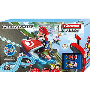 Carrera First Mario Kart - Slot Car Race Track with Spinners - Includes 2 Cars: Mario and Peach - Battery-Powered Beginner Racing Set for Kids Ages 3 Years and Up