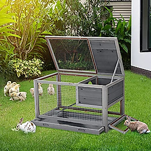 Sardoxx 35" Rabbit Hutch Large Wooden Bunny Cage Single Level Guinea Pig Hamster Hutch with Removable Tray, Small Animals Bunny Cage Indoor/Outdoor for Rest and Run, Mini Lounge, Easy Clean, Grey