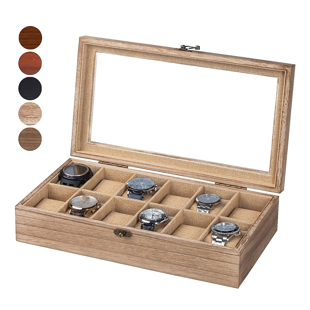 Exper City Watch Box, Watch Case for Men Women with Large Glass Lid, Wooden Watch Display Storage Box with 12 - Slots, Wood Mens Watch Box Organizer