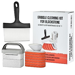 Griddle Cleaning Kit for Blackstone- Heavy-Duty Metal Scraper, 2 Grill Cleaning Blocks, and 6 Scouring Pads with Holder - Ultimate Flatop Maintenance Set