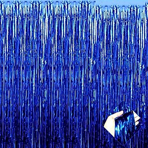 4 Pack 3.2Ft x 8.2Ft Blue Foil Fringe Curtain Backdrop, Metallic Tinsel Foil Fringe Streamers Curtains Background for Photo Booth, Birthday, Wedding, Halloween, Christmas Party Decoration