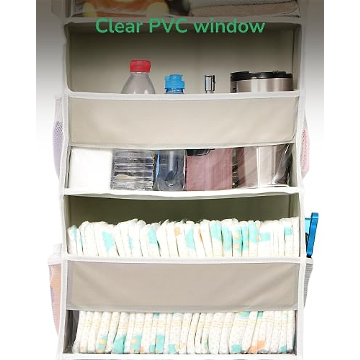 ULG 1-Pack Over Door Organizer with 5 Large Pockets 10 Mesh Side Pockets, 44 lbs Weight Capacity Hanging Storage Organizer with Clear Window for Bedroom Bathroom Kitchen, RV, Camper, Beige