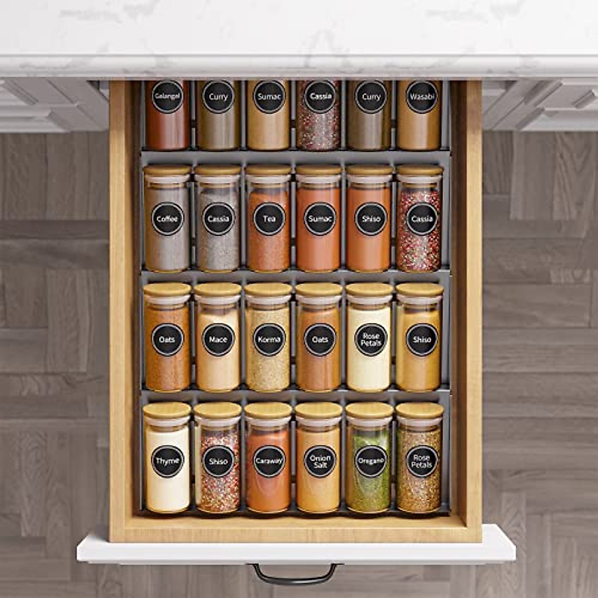 SpaceAid 24 Pcs Spice Jars with Bamboo Lids and Labels, Empty 4oz Glass Spice Bottles, Minimalist Farmhouse Spice Labels Stickers with Funnel, Seasoning Containers for Spice Rack, Cabinet and Drawer