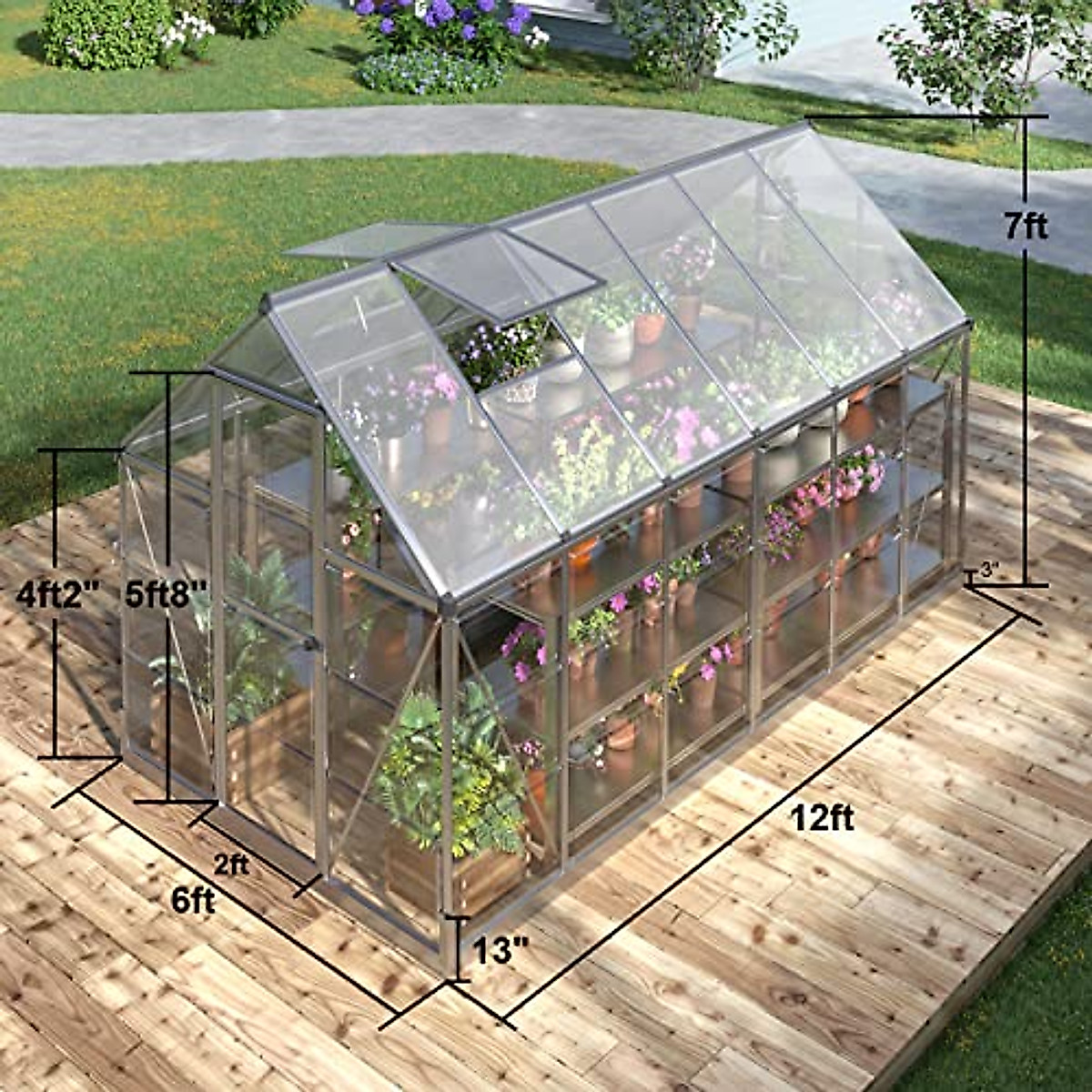 PAPABABE 6x12 FT Hybrid Polycarbonate Greenhouse with 2 Vent Window Lockable Hinged Door Walk-in Hobby Greenhouse Aluminum Hot House for Outdoor Sun Room, Silver