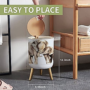 IBPNKFAZ89 Small Trash Can with Lid Watercolor Animals African Elephant with a Kid Sketch Garbage Bin Wood Waste Bin Press Cover Round Wastebasket for Bathroom Bedroom Kitchen 7L/1.8 Gallon