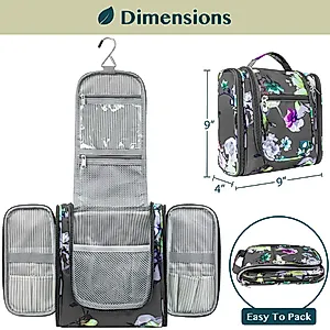 PAVILIA Toiletry Bag Travel Bag for Women Men, Hanging Cosmetic Organizer, Water Resistant Makeup Bag for Accessories Toiletries, Large Travel Essentials Kit (Floral Grey)