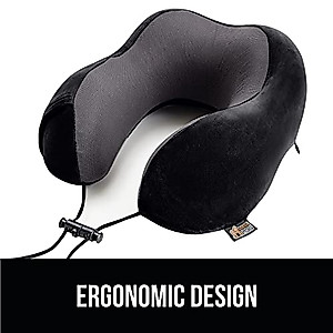 Gorilla Grip Memory Foam Travel Neck Pillow, Head Support on Airplanes, Soft Velvet, Cooling Mesh, Blinkable Eye Mask, Supportive Car Traveling, Sleeping on Long Flight, Airplane Pillows, Black