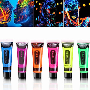 6 Pcs Glow in the Dark Face Body Paint,Blacklight Neon Face & Body Paints,Easily Cleanable Face & Body Paint Set Neon Body Makeup Glow in the Dark Party Supplies