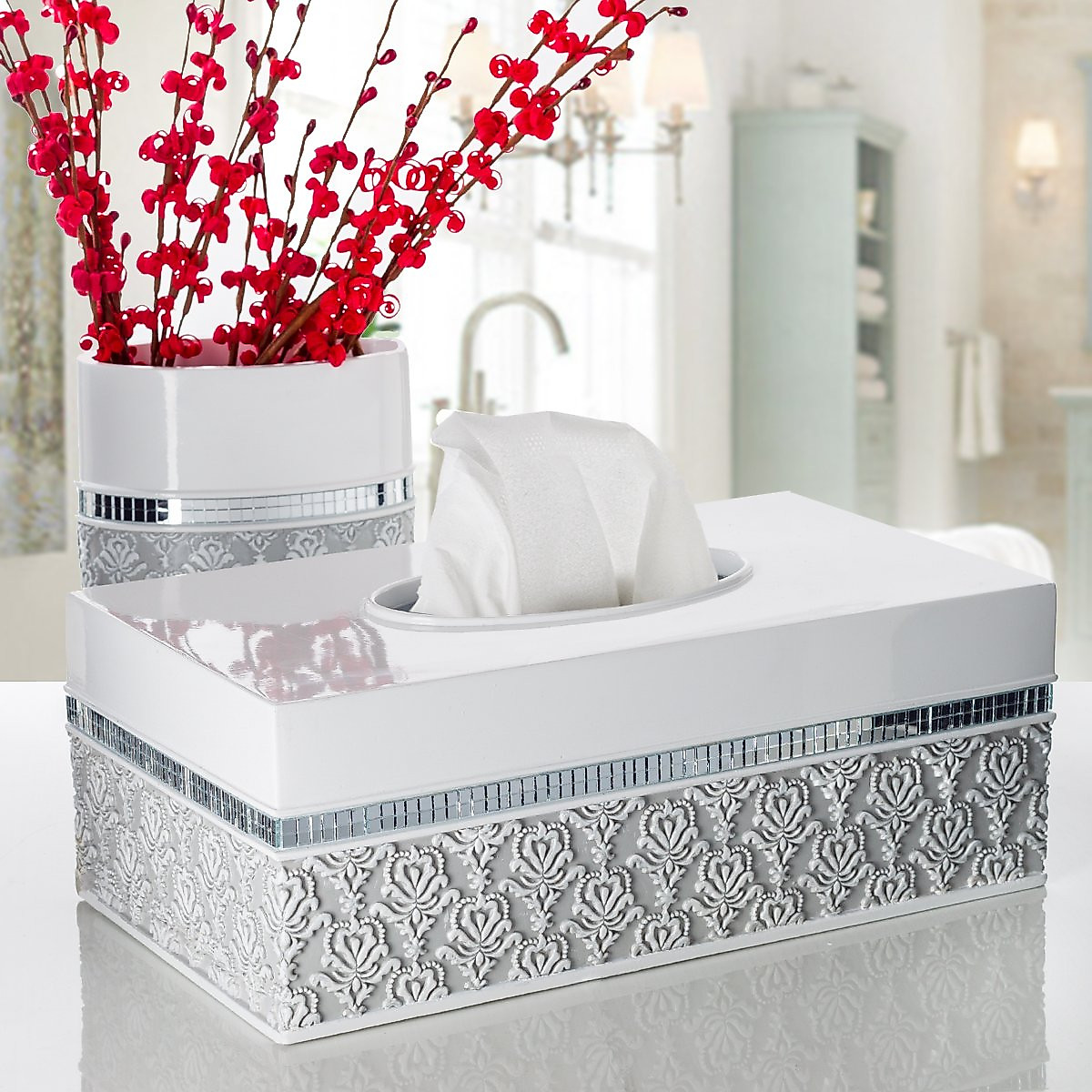 Creative Scents Bathroom Trash Can - Decorative Waste Basket for Bathroom - Durable Bathroom Wastebasket - Waste Bin for Bathroom, Powder Room Or Bedroom Mirror Damask Style (White and Gray)