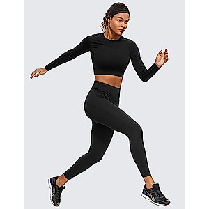CRZ YOGA Seamless Long Sleeve Shirts for Women Ribbed Workout Tops Athletic Crop Tops Cropped Running Gym Shirts Black Small