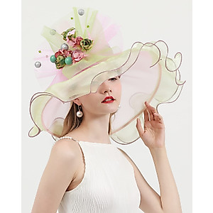 RZTA Women's Kentucky Derby Church Dress Hat Wide Brim Leaf Flower Bridal Shower Hat E3-Beige,Pink