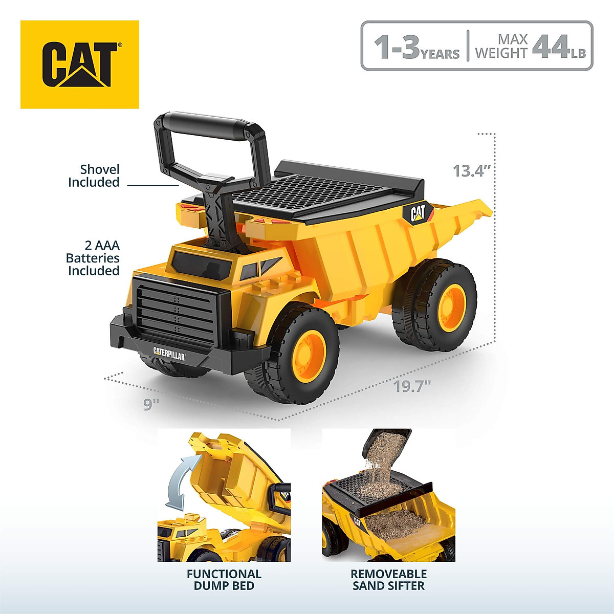 CAT Shovel and Sift Dump Truck Ride-On Toy for Kids and Children Ages 1-3 Years Old, Featuring Realistic Job Site Sounds and Removable Sifter and Shovel, Yellow/Black, by Kid Trax