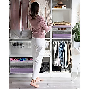 Large Capacity Storage Bins 2Pcs Stripe Wood Grain Purple and Grey Storage Cubes, Collapsible Storage Baskets for Organizing for Bedroom Living Room Shelves Home 15x11x9.5 In