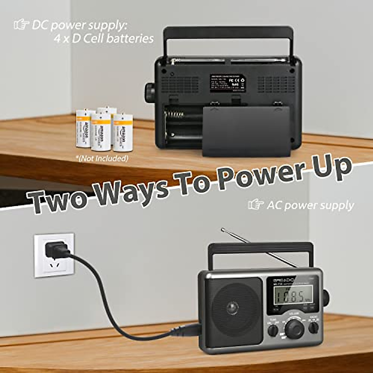 Greadio Portable Shortwave Radio,AM FM Transistor Radio with Best Reception,LCD Display,Time Setting,Battery Operated by 4 D Cell Batteries or AC Power,Big Speaker,Earphone Jack for Gift,Elder,Home