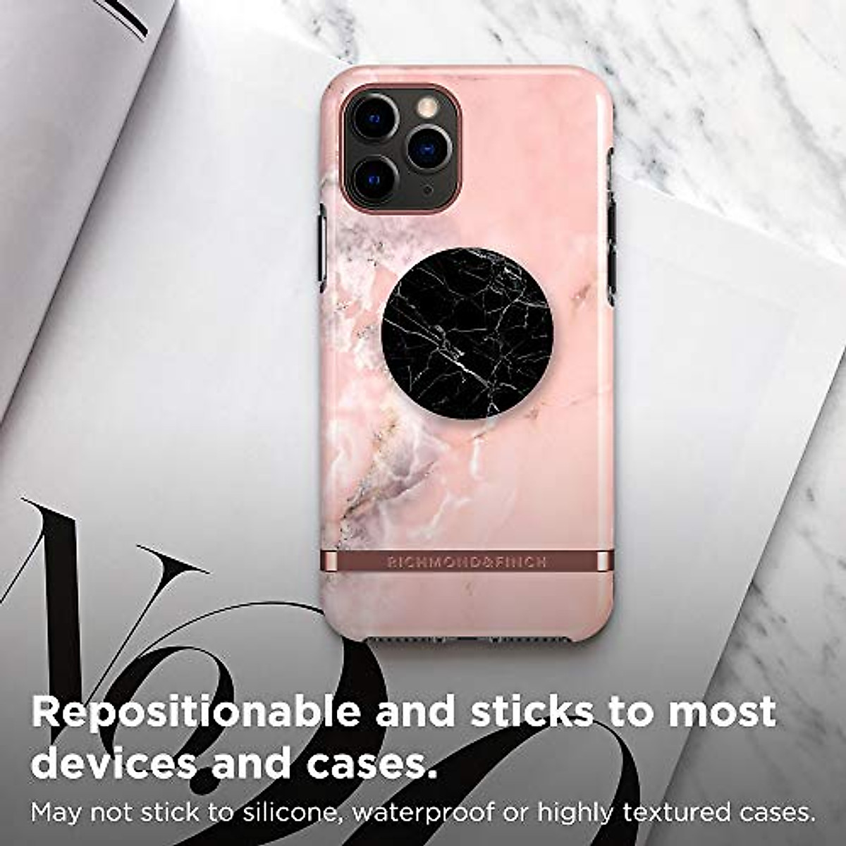 Richmond & Finch PopSocket PopGrip, Universal Expanding Mobile Phone Stand and Grip for Phones and Tablets, Includes Swappable Top, Marble - Black