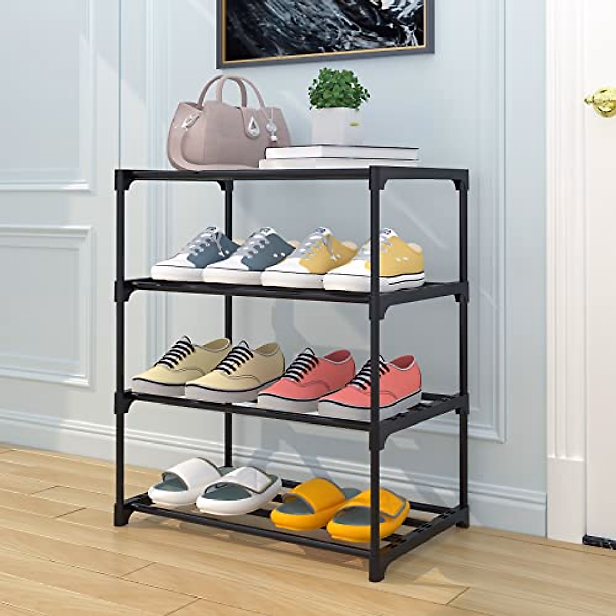 LODFHLL 4-Tier Small Shoe Rack，Narrow Shoe Rack Storage Stackable Sturdy Metal Standing Shoe Shelf Organizer for Closet,Entryway,Hallway