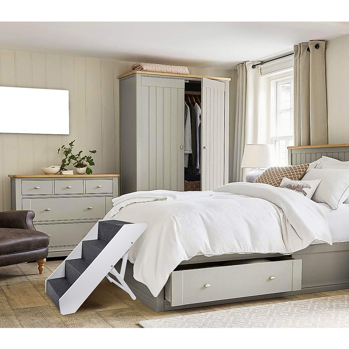 Arf Pets Wood Dog Stairs, 4 Levels Height Adjustment Wide Pet Steps, Foldable, White