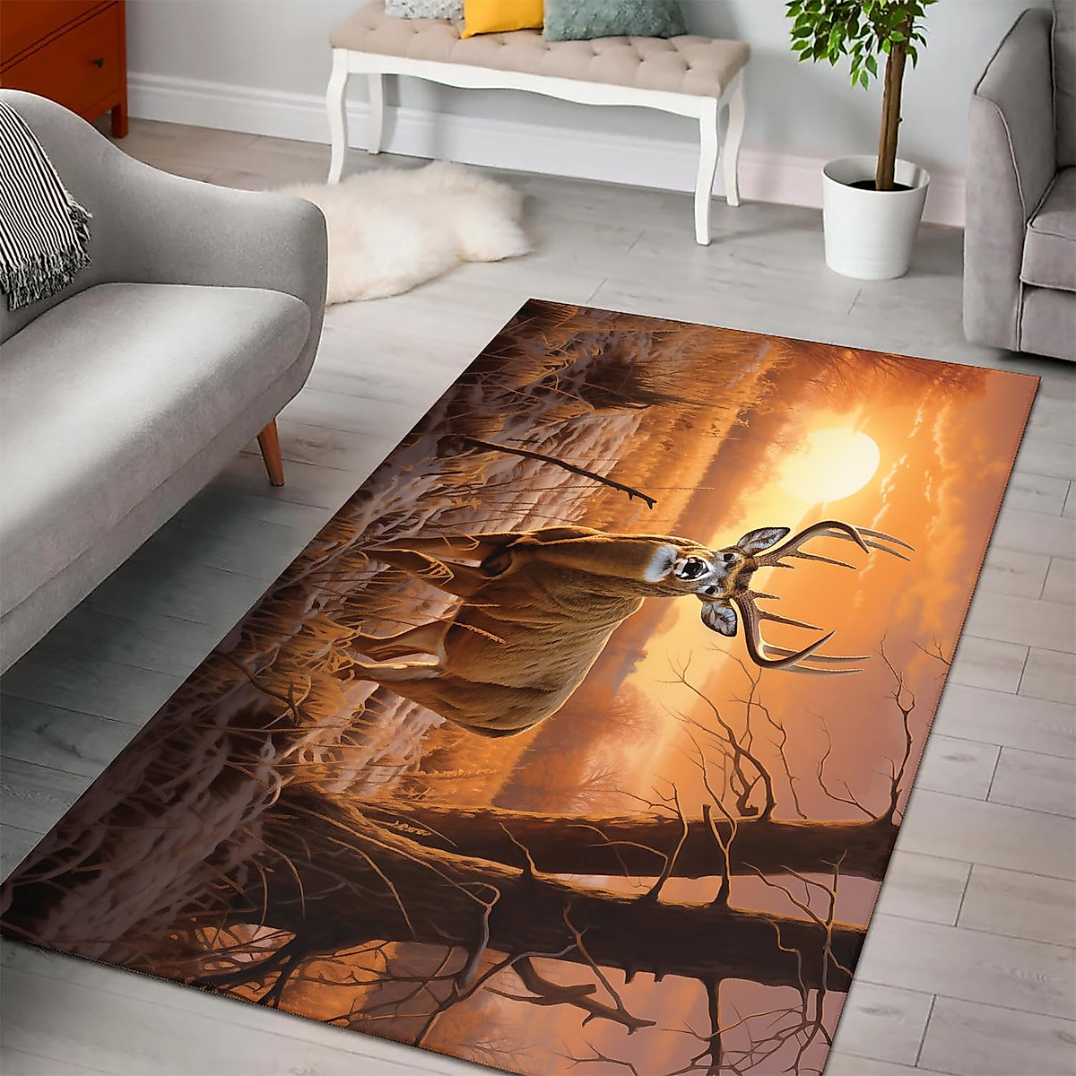 Deer Hunting Rug, Rustic Cabin Rug, Farmhouse Rug, Bear Rug, Deer Antler Animal Rugs 3x5 4x6 5x7ft Living Room Carpet Floor Decor Home Decor H100
