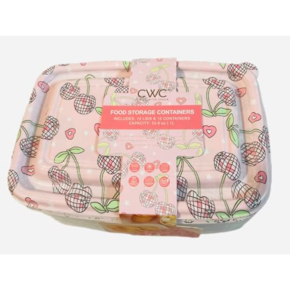 COOK WITH COLOR 24 PIECE PLASTIC RECTANGULAR FOOD CONTAINERS, 12 LIDS & 12 CONTAINERS CAPACITY 33.8 OZ (1L) 9 X 6 X 2 (CHERRIES)