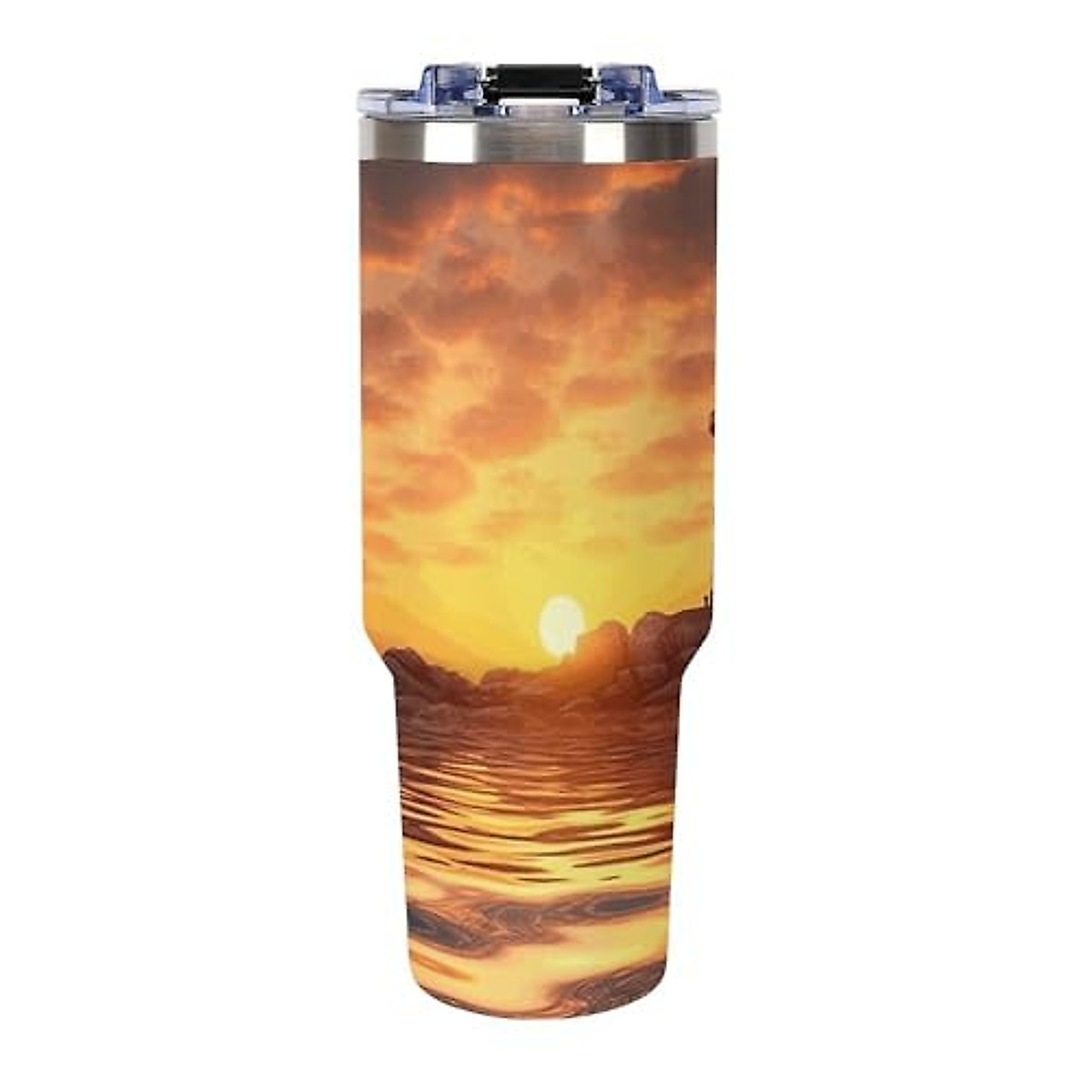 STVNKML 40 Oz Tumbler with Handle Sea Lighthouse in Sunset Stainless Steel Coffee Mug Reusable Travel Mug Leak-proof Insulated Car Cup Large Capacity Tumbler for Travel, Outdoor, Home Use (Black)