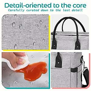 KIPBELIF Insulated Lunch Bags for Women - Large Tote Adult Lunch Box for Women with Shoulder Strap, Side Pockets and Water Bottle Holder, Gray, Normal Size